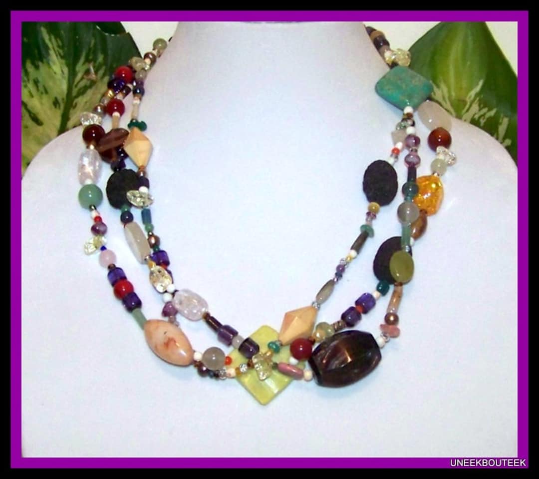 Multi Color Gemstone 3 Strand Confetti Necklace - Big Bold Artsy 7 ...