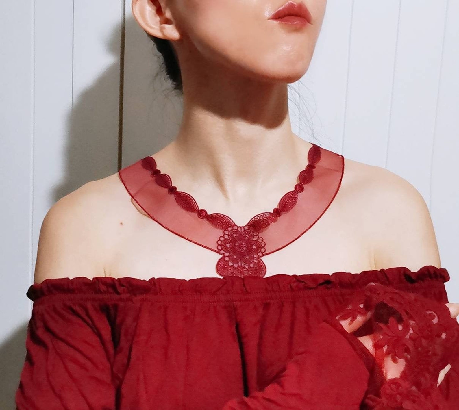Vintage Pearl Charm Red Lace Choker Burgundy Floral Sheer Lace | Etsy