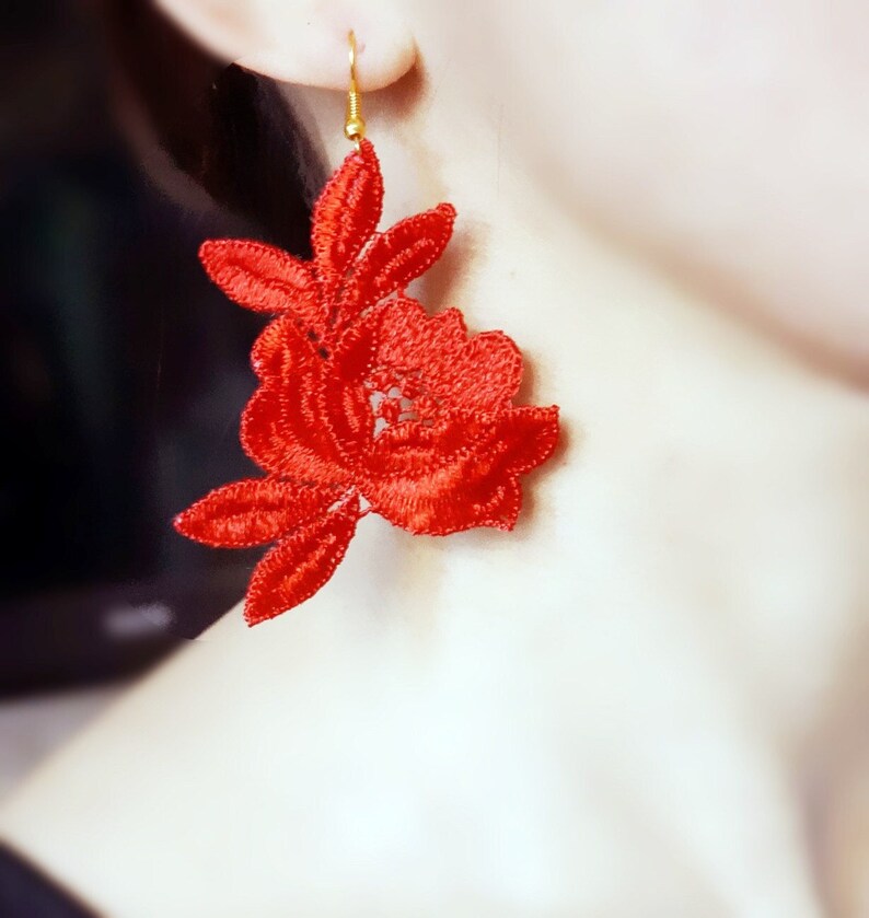 Red/black Flower Lace Earrings / 14KGF Hook Statement Earrings - Etsy