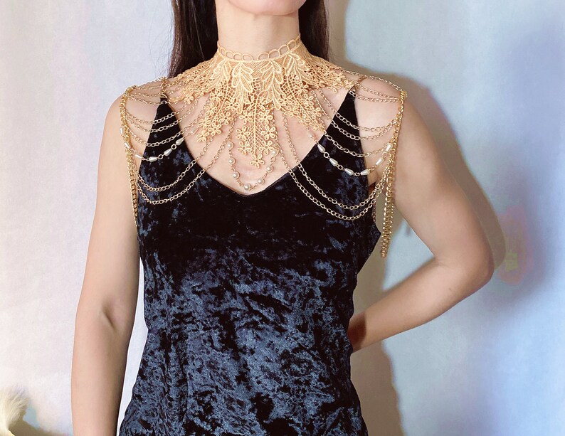 Large Gold Lace Choker Bib Statement Necklace / Layered Pearls - Etsy