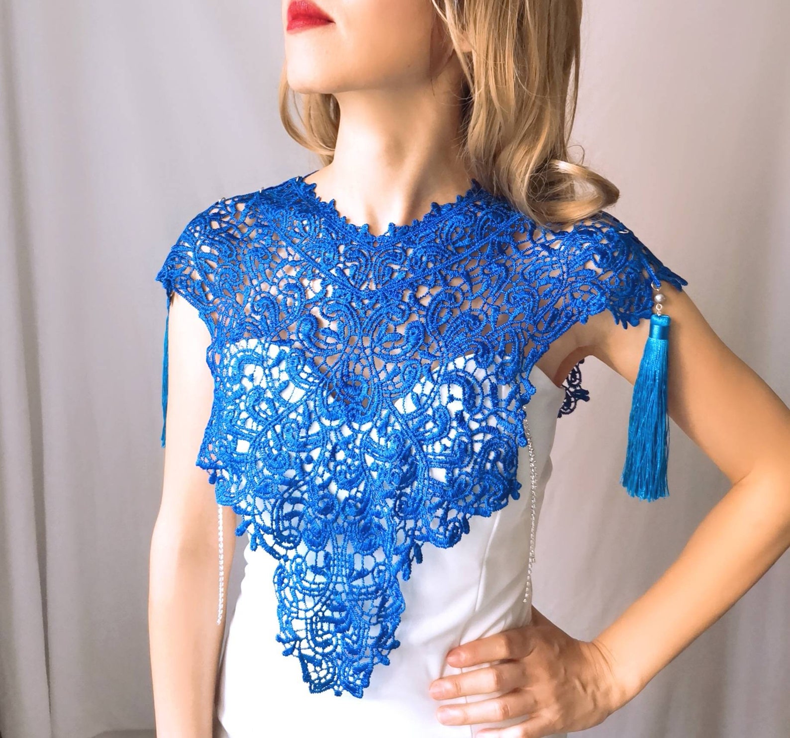 Royal blue lace bolero lace vest / white lace top lace shawl | Etsy