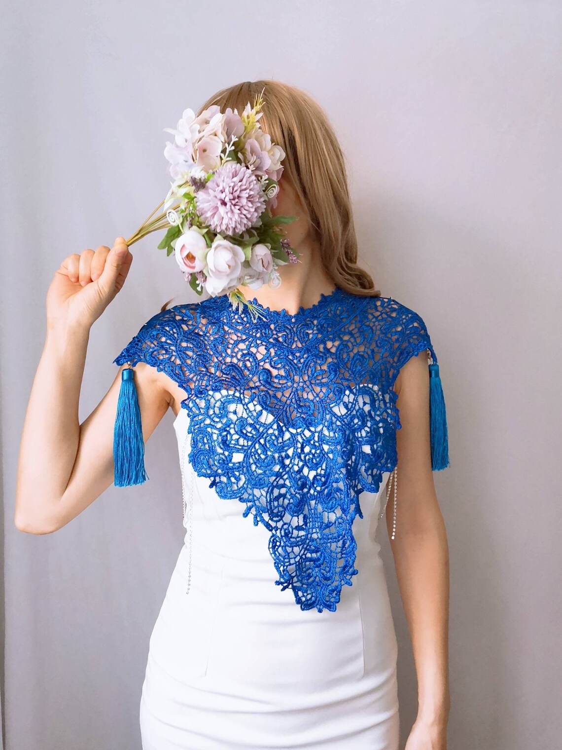 Royal blue lace bolero lace vest / white lace top lace shawl | Etsy