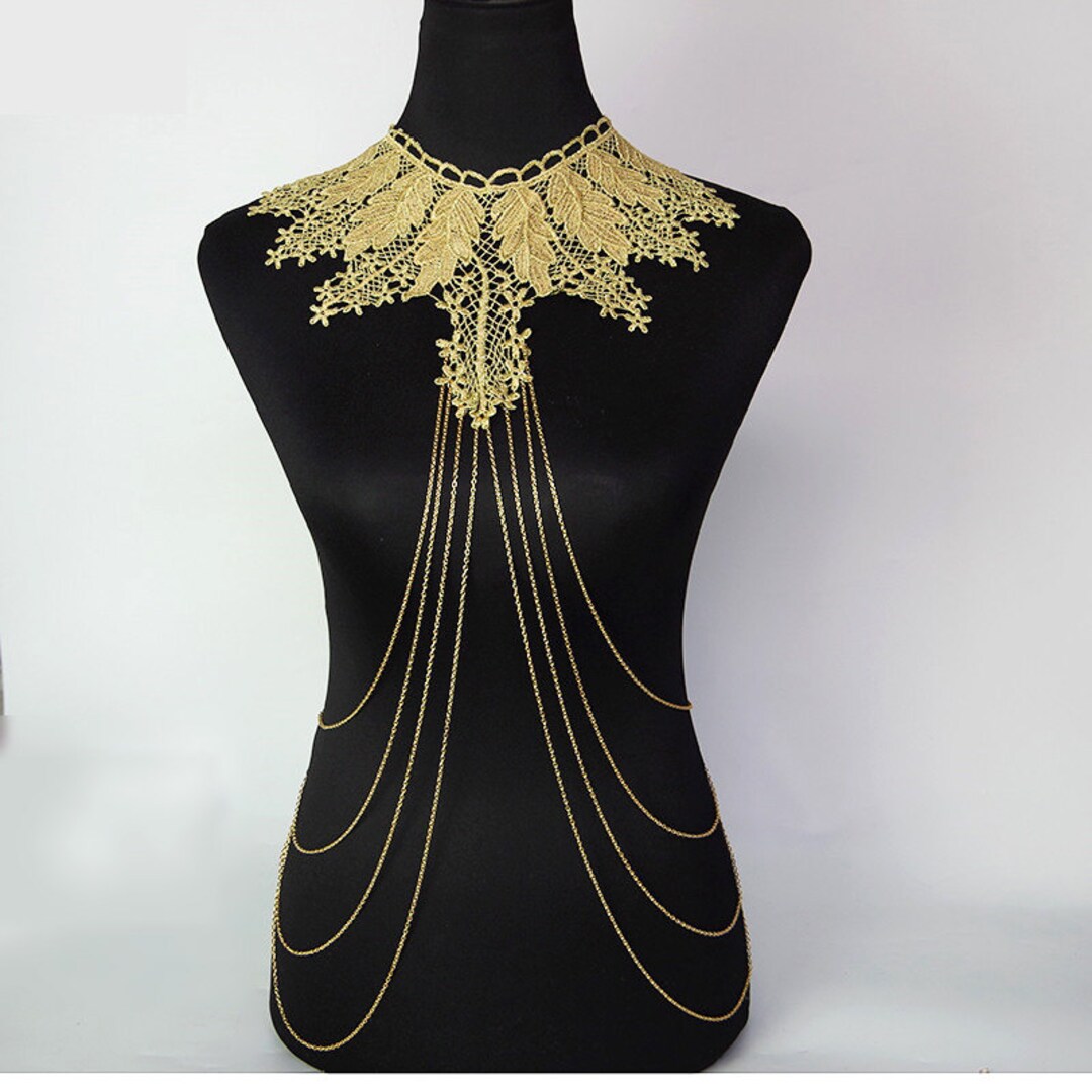 SALE Large Golden Lace Chain Beaded Bib Gold Chain Body Jewelry //large ...