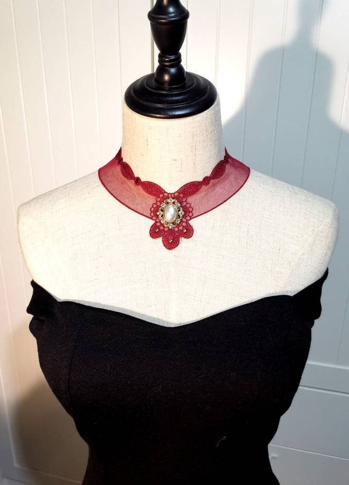 Vintage Pearl Charm Red Lace Choker Burgundy Floral Sheer Lace | Etsy