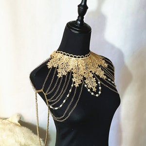 Large Gold Lace Choker Bib Statement Necklace / Layered Pearls Body ...