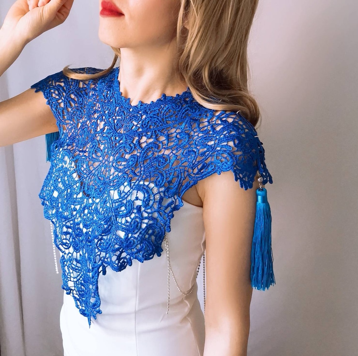 Royal blue lace bolero lace vest / white lace top lace shawl | Etsy