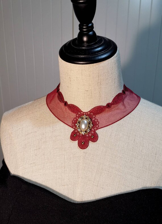 Vintage pearl charm red lace choker burgundy floral sheer lace | Etsy
