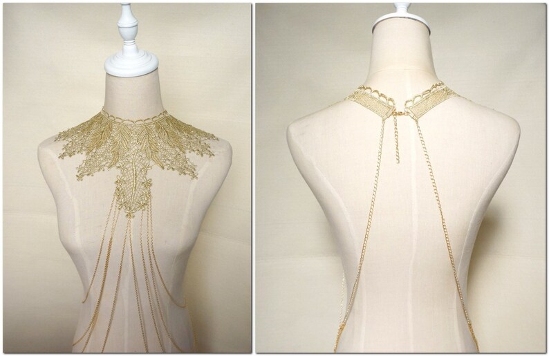 SALE Large Golden Lace Chain Beaded Bib Gold Chain Body - Etsy