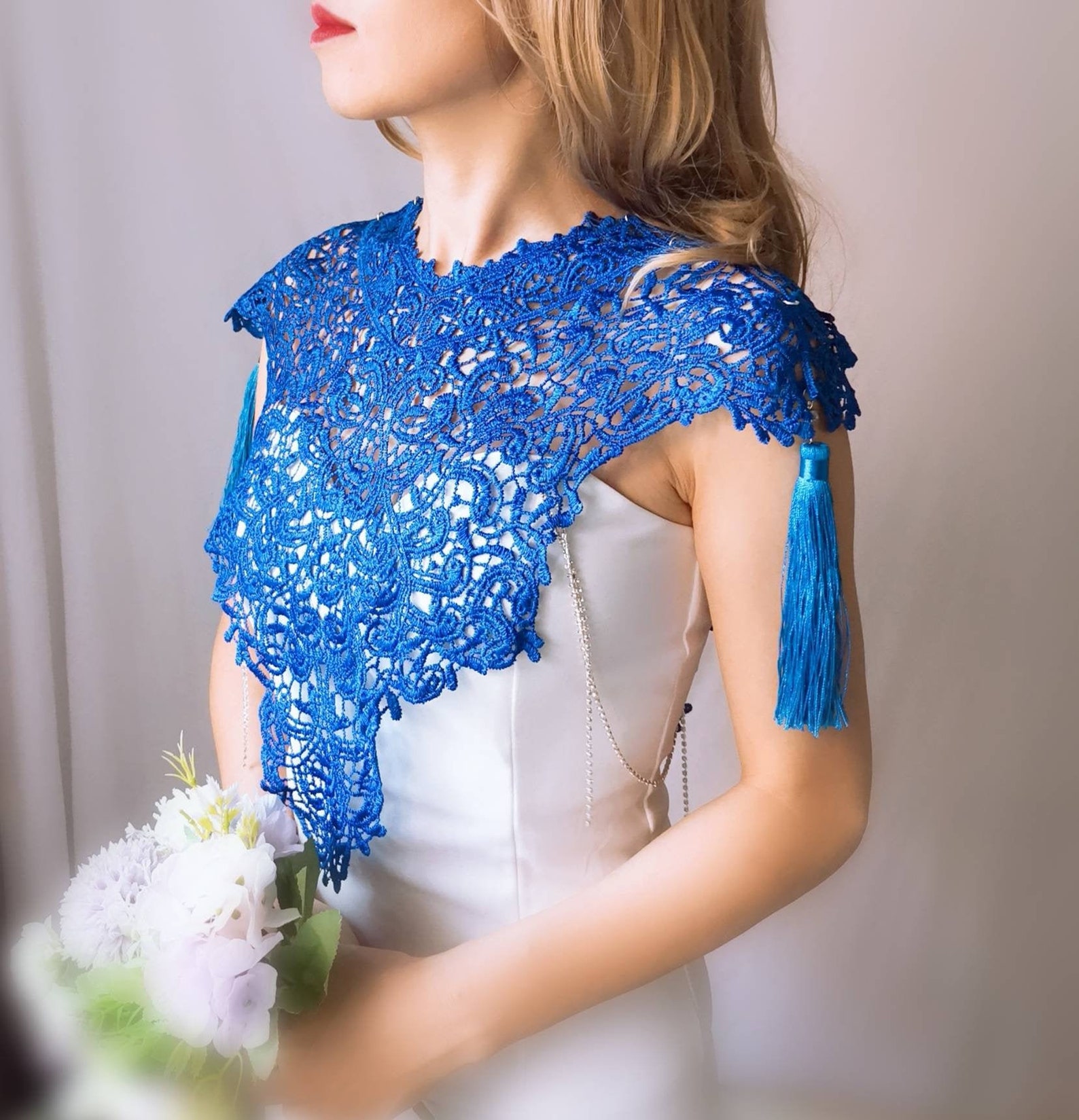 Royal blue lace bolero lace vest / white lace top lace shawl | Etsy