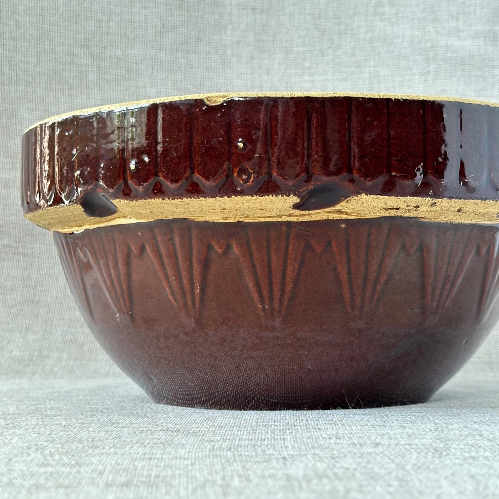 Antique Glazed Large Brown Stoneware Picket Fence Pattern Crock Mixing ...