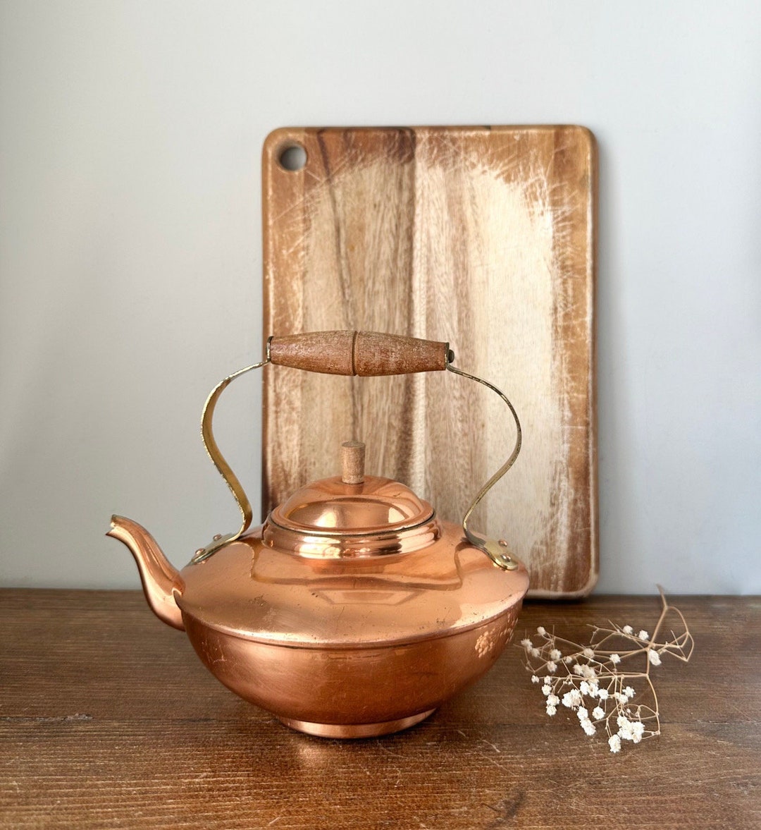 Copper Teapot, Vintage Copper Kettle With Wooden Handle, Decorative Kitchen Teapot, Farmhouse ...