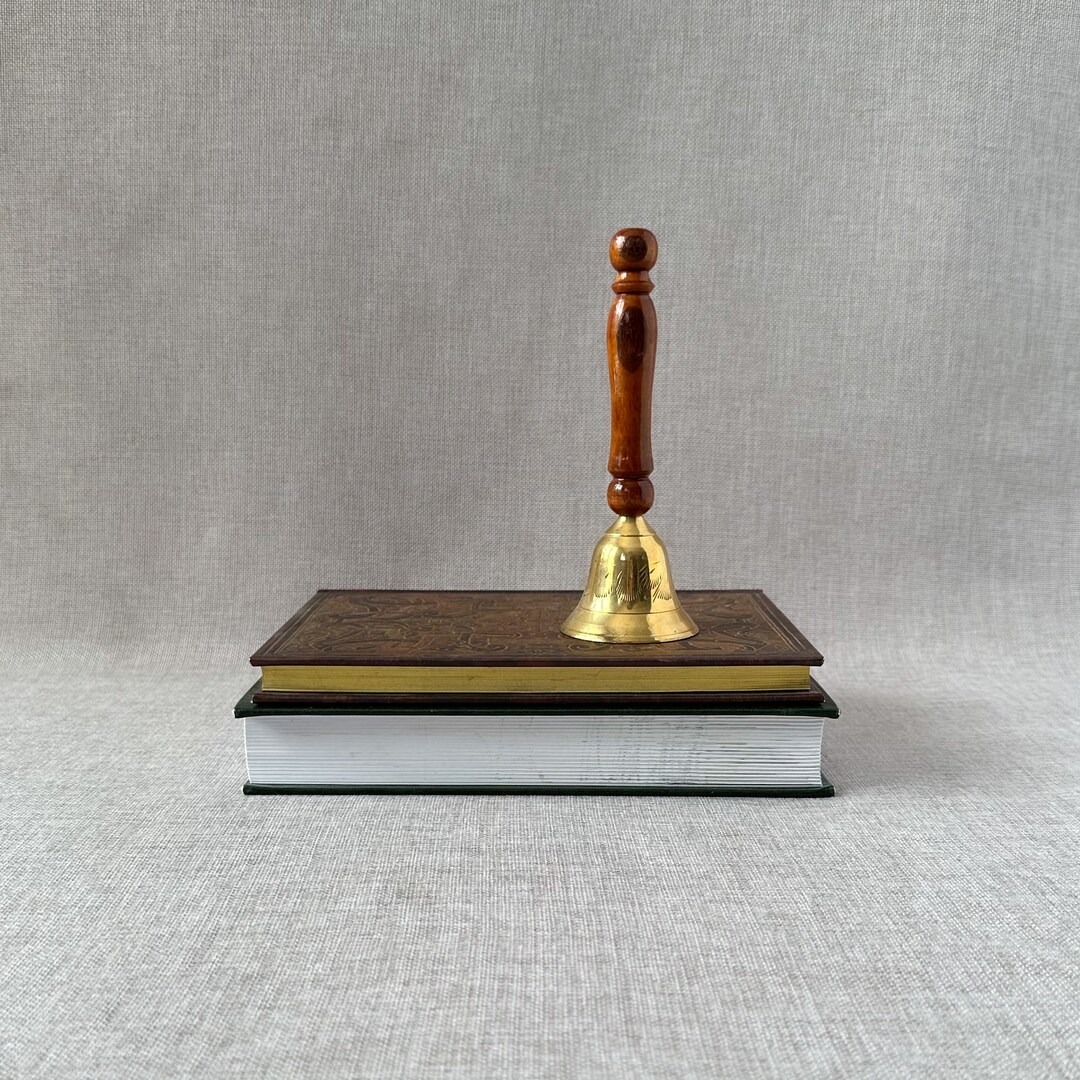 Small Etched Brass Bell With Wooden Handle, Vintage Engraved Brass ...