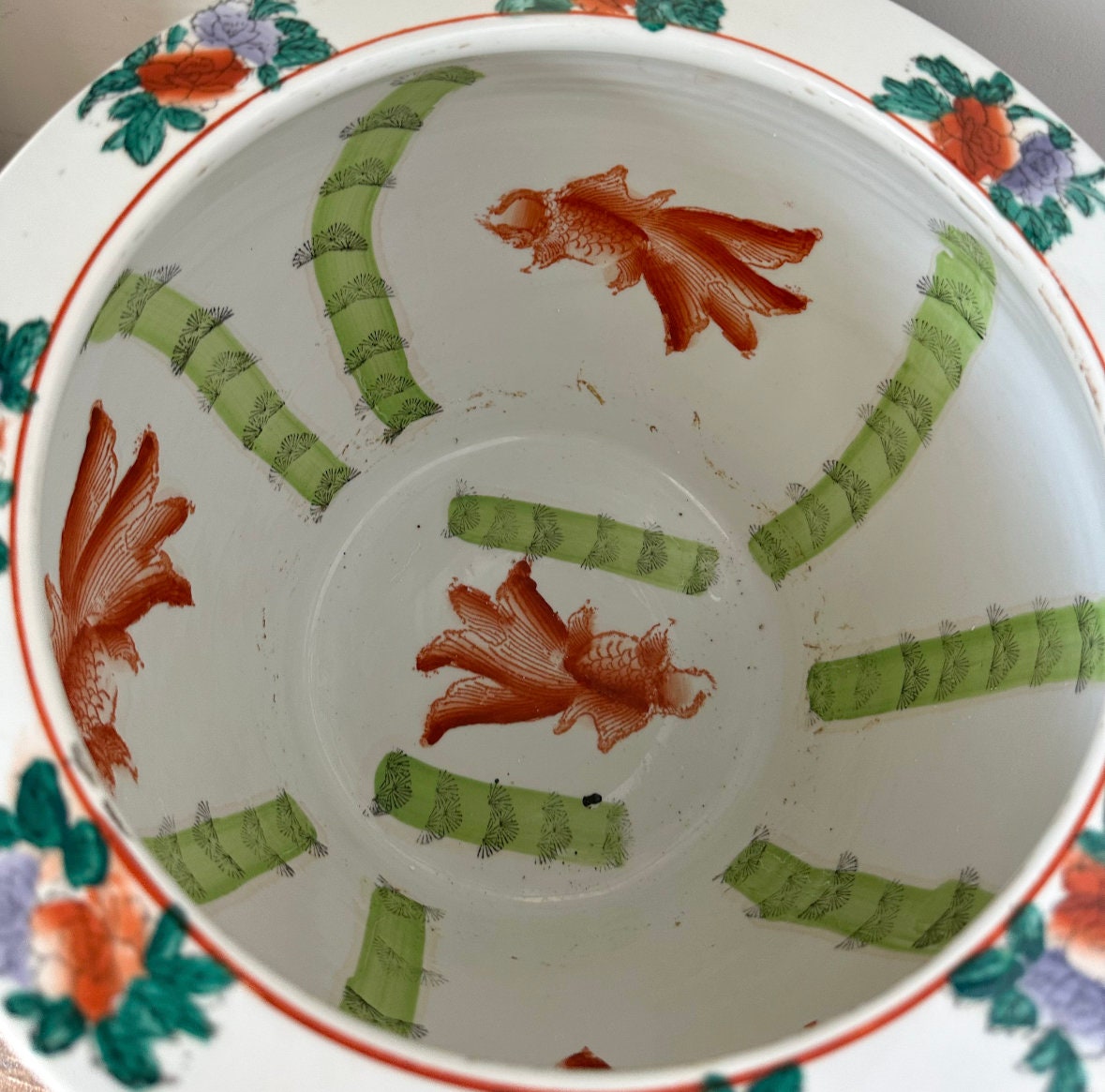 Large Vintage Chinese Porcelain Fish Bowl Planter, Decorative Oriental ...