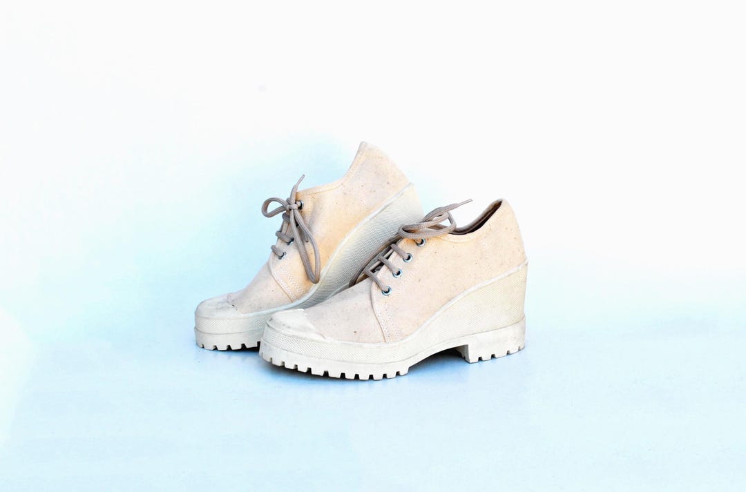 Cream Canvas Wedge Platform Shoes – Minimalist Platform Sneakers, Y2K ...