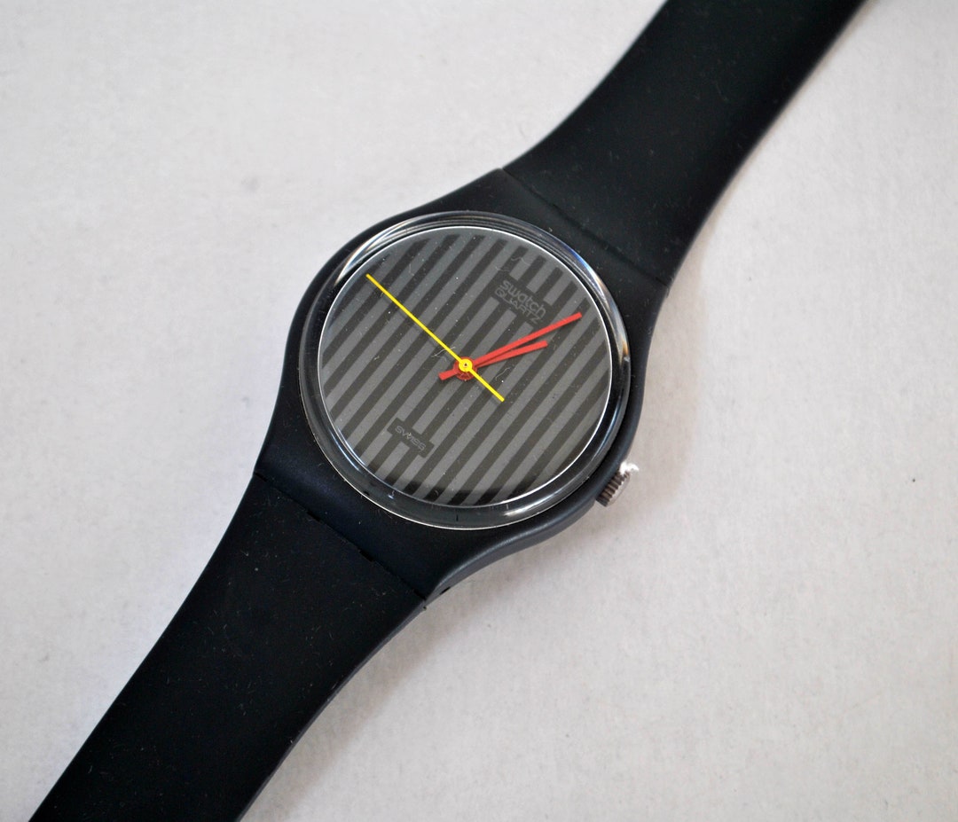Swatch Plastic Gray Black Wrist Stripes Unisex Round Y2k Waterproof ...