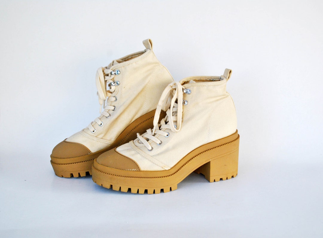 Beige Platform Shoes Womens Vintage Chunky Sneakers Military Boots ...