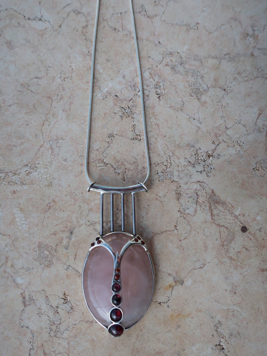 Wide Silver Bohemian Gemstone Pendant Necklace , Big Oval Pendant for ...