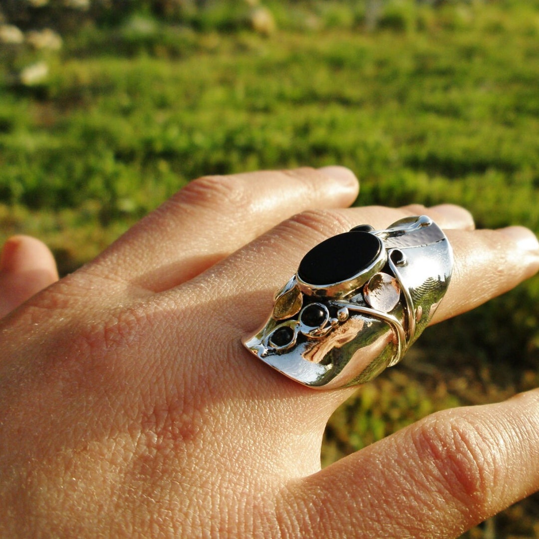 Unique Silver Long Ring , Silver & Gold Large Ring , Black Onyx Ring ...