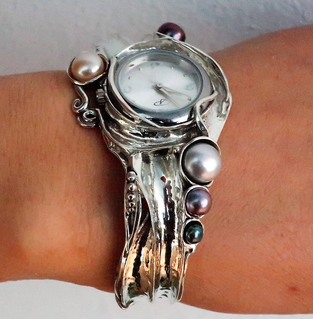 Sterling Silver Pearl Cuff Watch Luxury Women's Bracelet Timepiece - Etsy