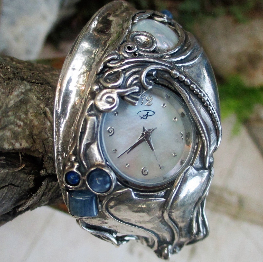 Silver Cuff Watch for Women, Unique Wide Gemstone Watch Cuff, Porans ...
