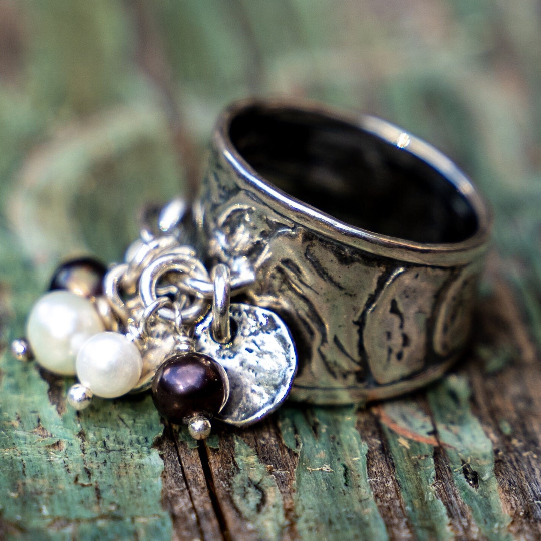 Sterling Silver Charm Ring, Statement Dangle Coins Ring ,wide Bohemian ...