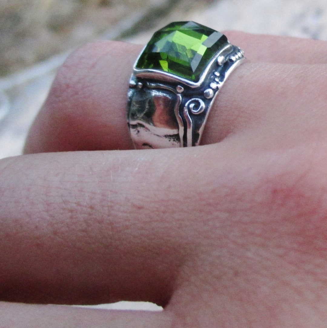 Sterling Silver Square Gemstone Ring for Women, Delicate Green Stone ...