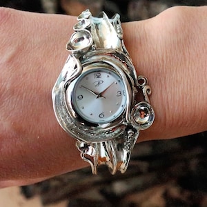 Sterling Silver Cuff Watch, Wide Bracelet Watch for Women, Bohemian ...