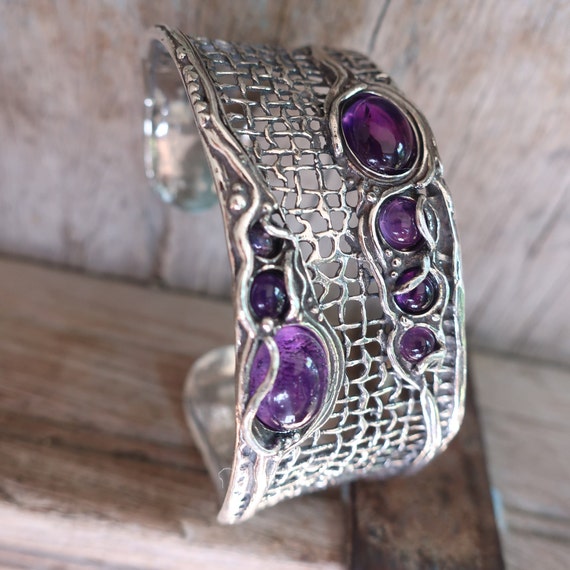 Women Silver Wide Gemstone Cuff Bracelet Amethyst and Silver Cuff Etsy