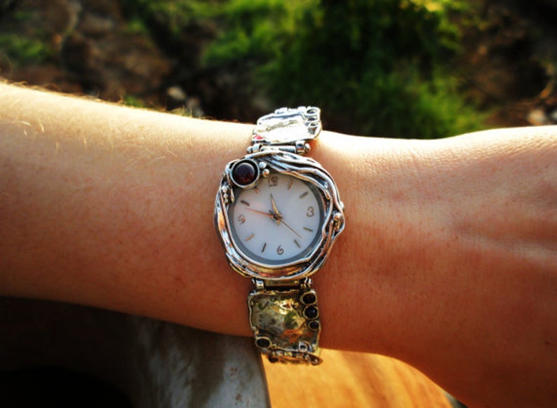 Sterling Silver Garnet Gemstone Links Watch Bracelet for Women, Unique ...