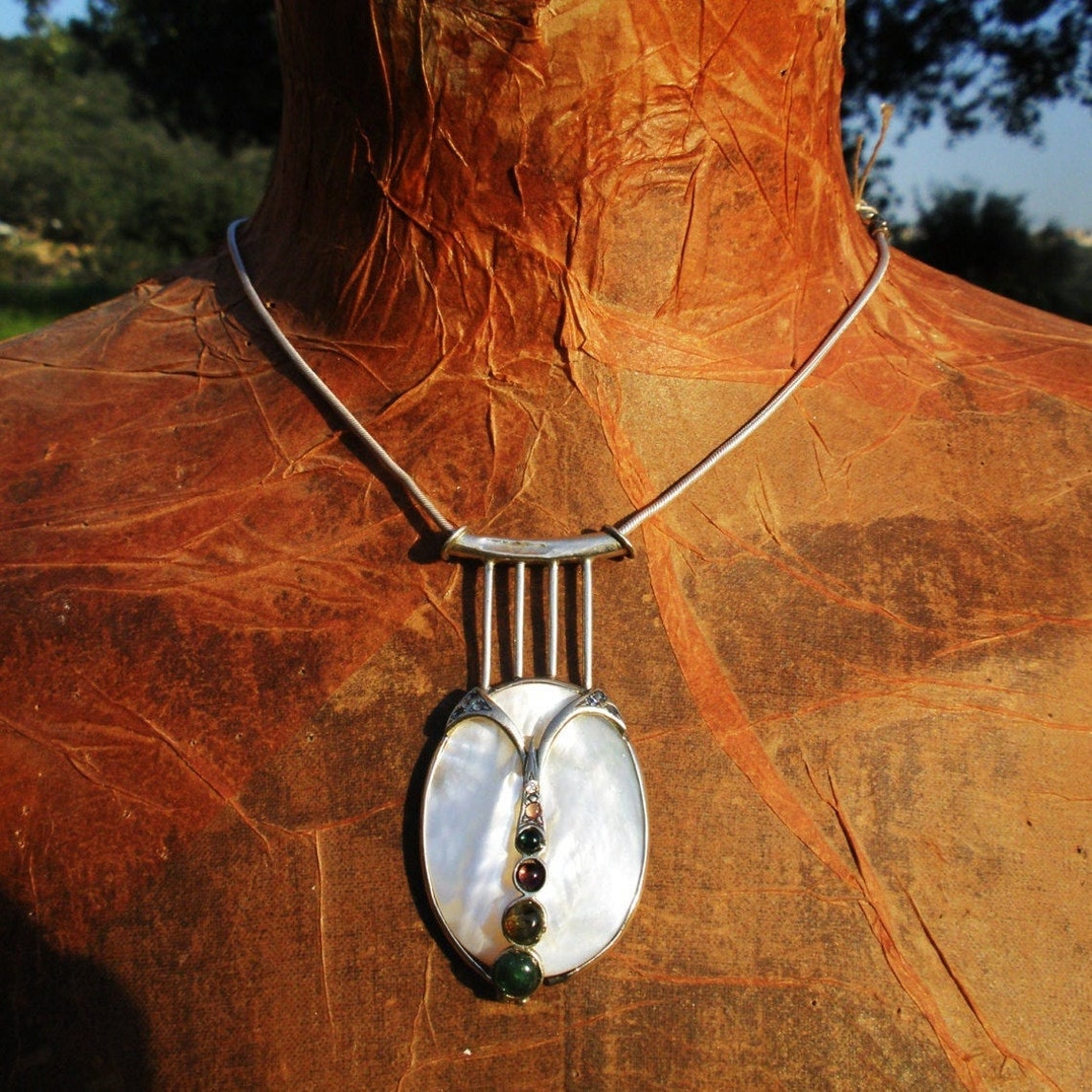 Sterling Silver Large White Stone Pendant Necklace big MOP - Etsy