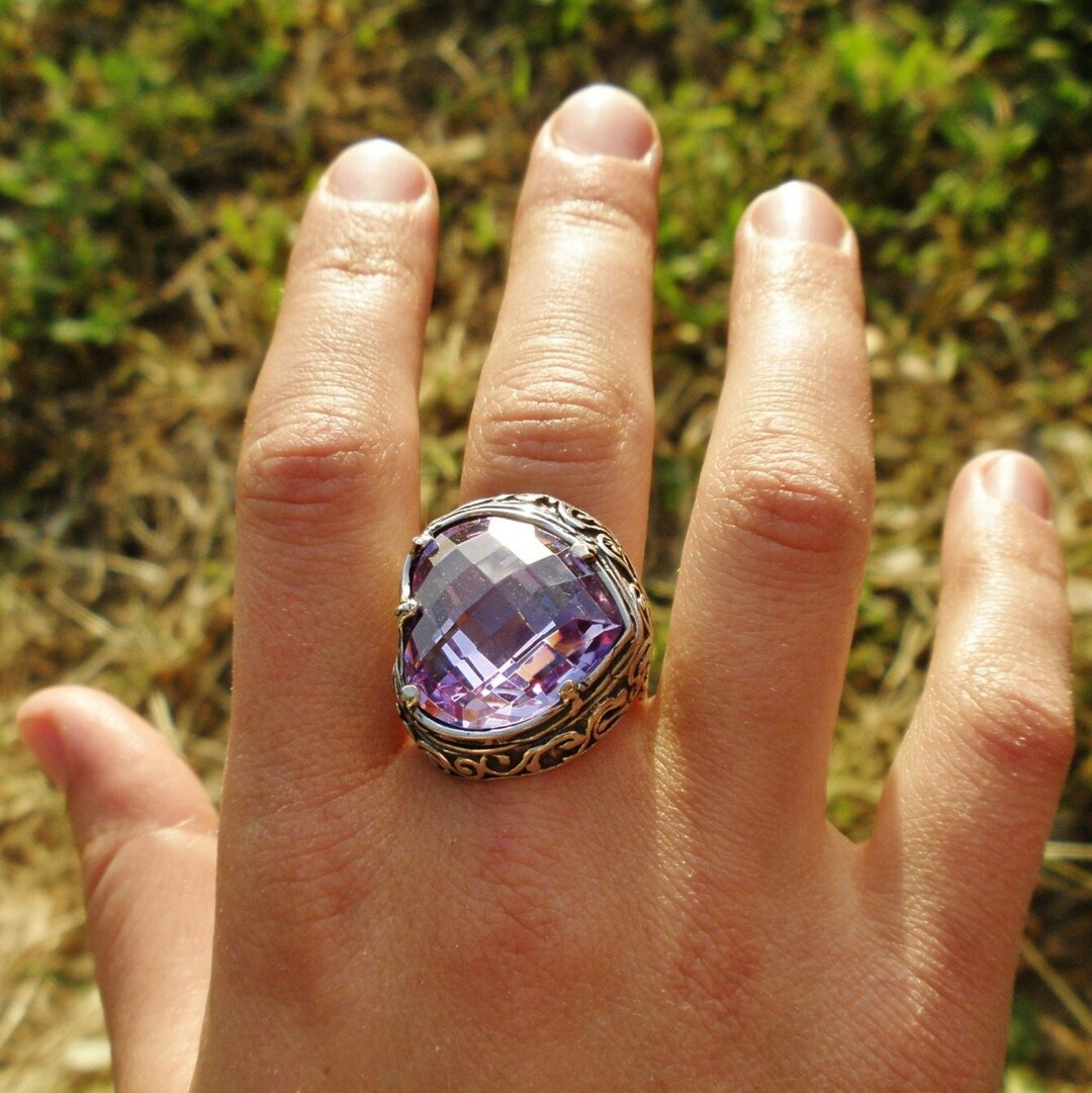 Sterling Silver Wide Statement Gemstone Ring Big Vintage Carved Heart ...