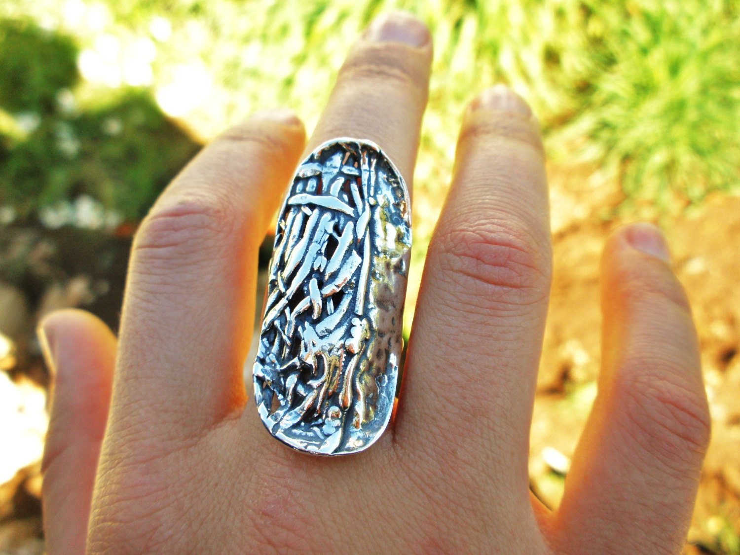 Sterling Silver Full Finger Ring, Long Statement Bohemian Wire Mesh ...
