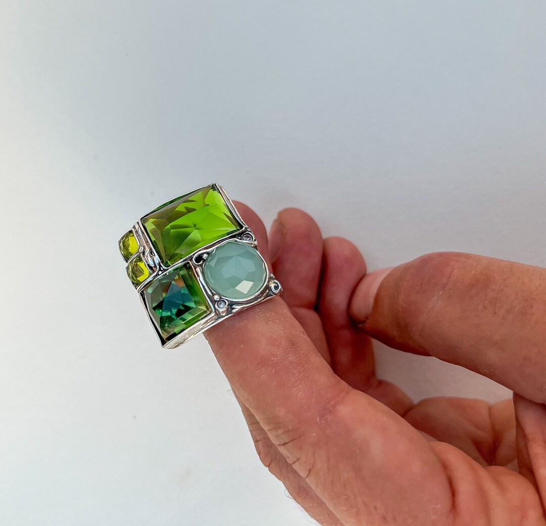Wide Multi Stone Square Big Sterling Silver Ring for Women - Etsy