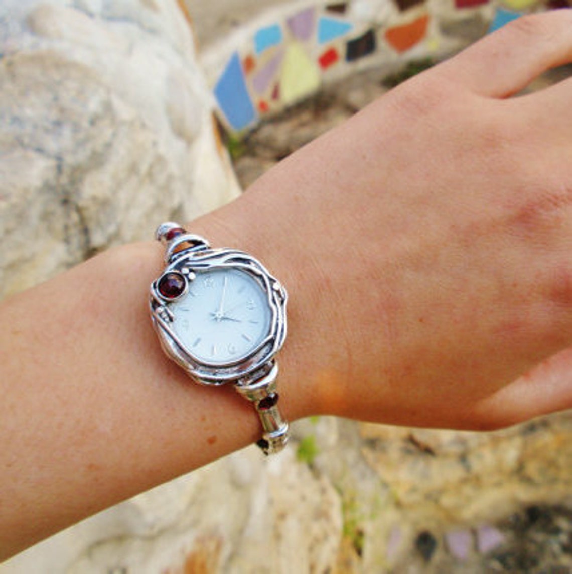 Modern Link Bracelet Watch With Garnet Stone for Women | Etsy
