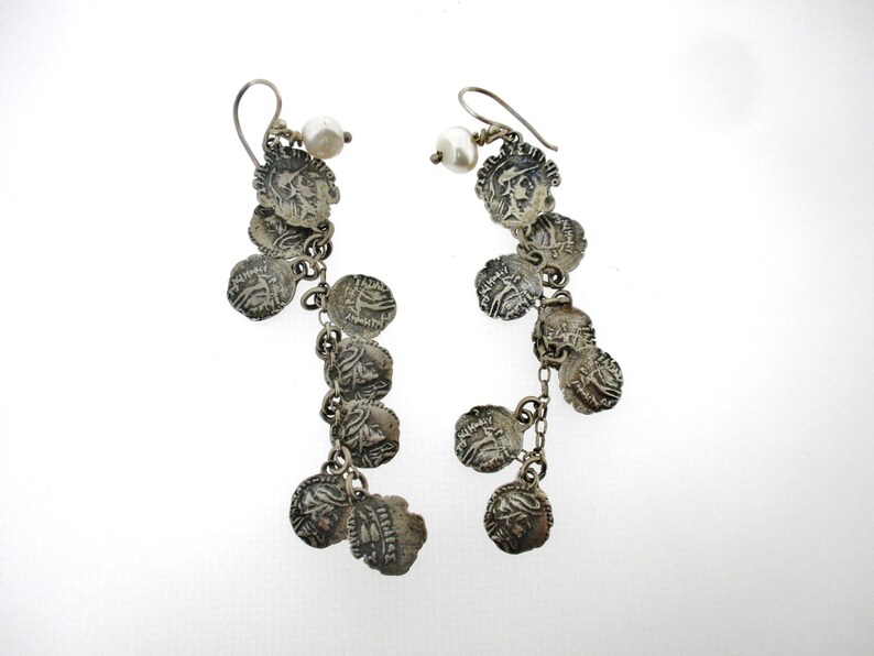 Long Charm Statement Silver Coins Earring Unique Bohemian - Etsy