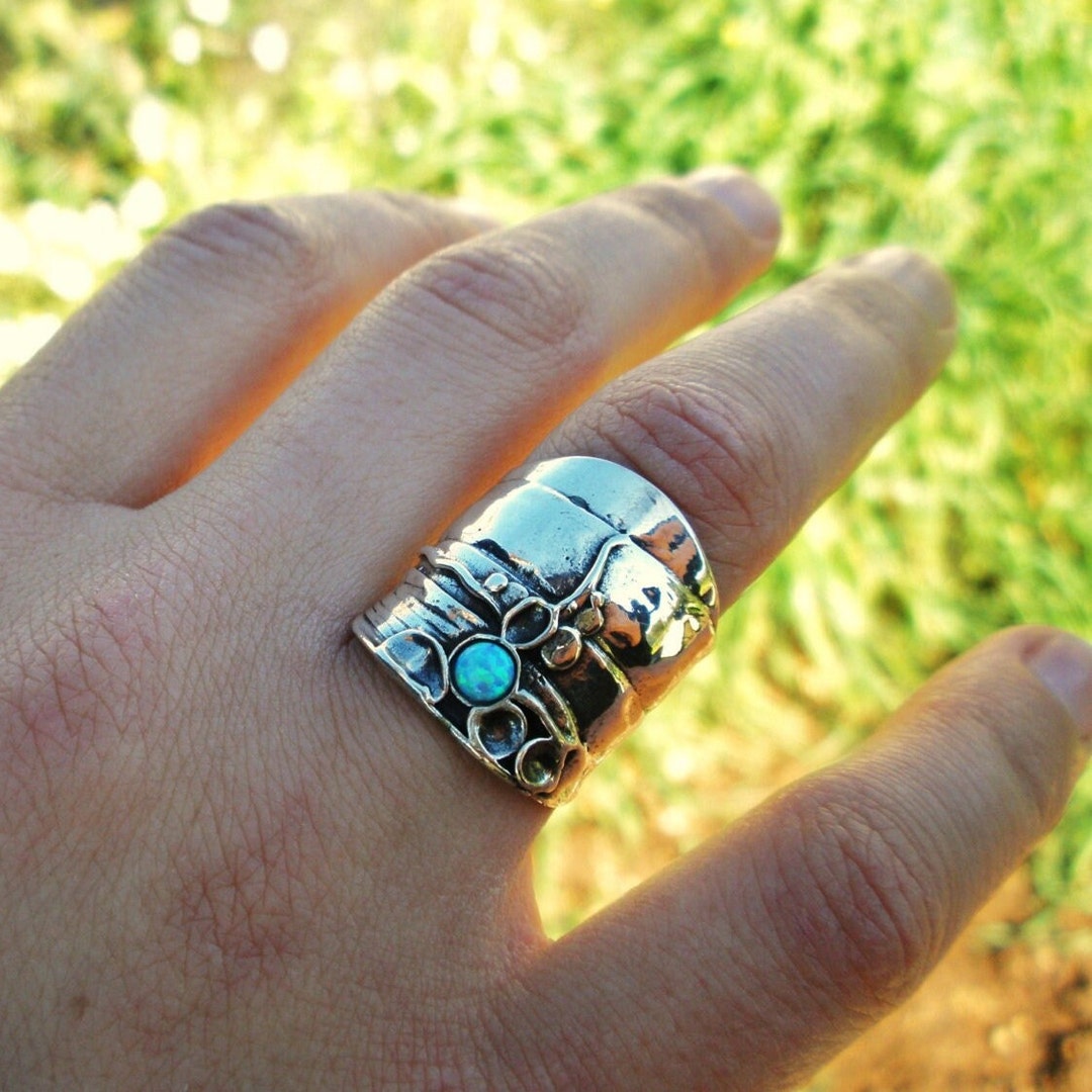 Wide Statement Silver Gemstone Ring for Women Artisan Large Opal Ring ...