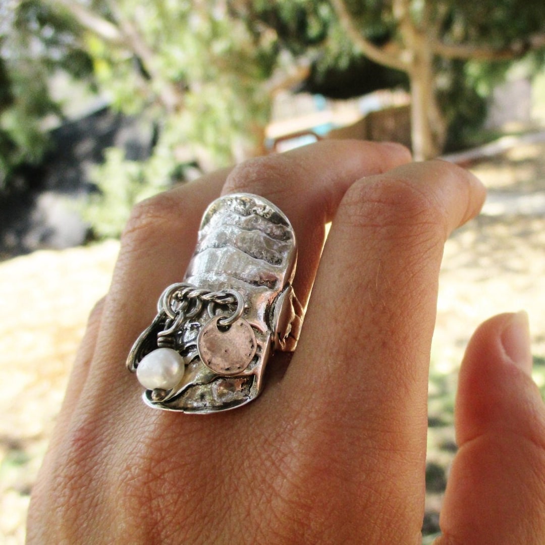 Silver Long Dangle Ring for Women Wide Handcrafted 925 Hammered Ring ...