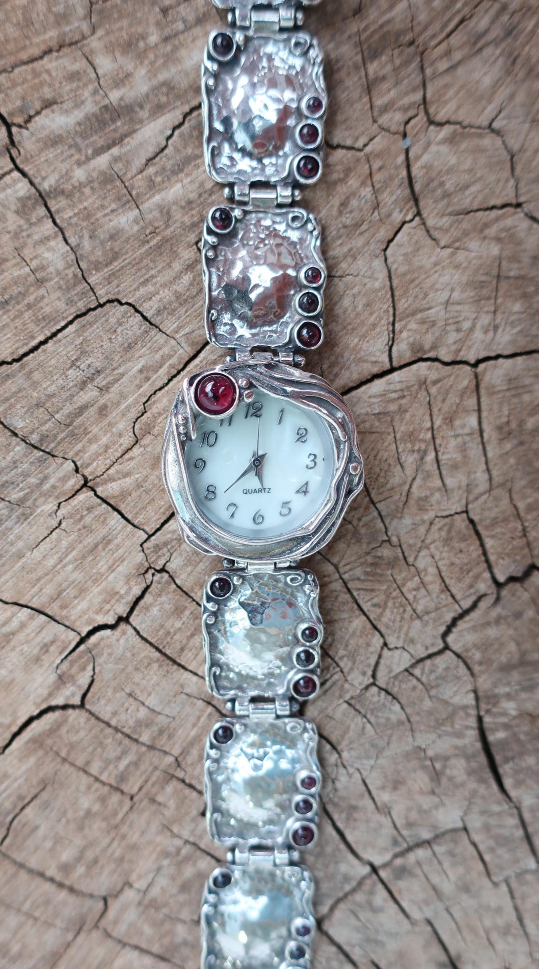 Sterling Silver Garnet Gemstone Links Watch Bracelet for Women, Unique ...