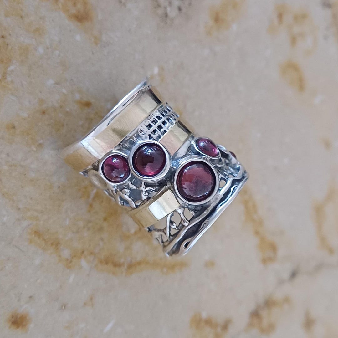 Wide Silver Lattice Ring for Women, Silver and Gold Multi Stone Ring ...