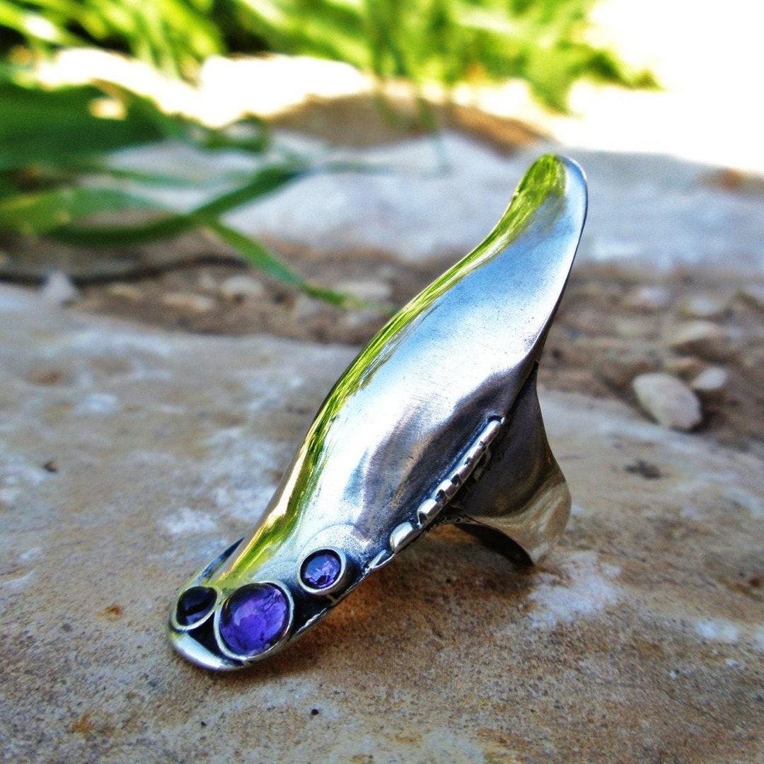 Sterling Silver Extra Long Ring, Full Finger Gemstone Bohemian Ring ...