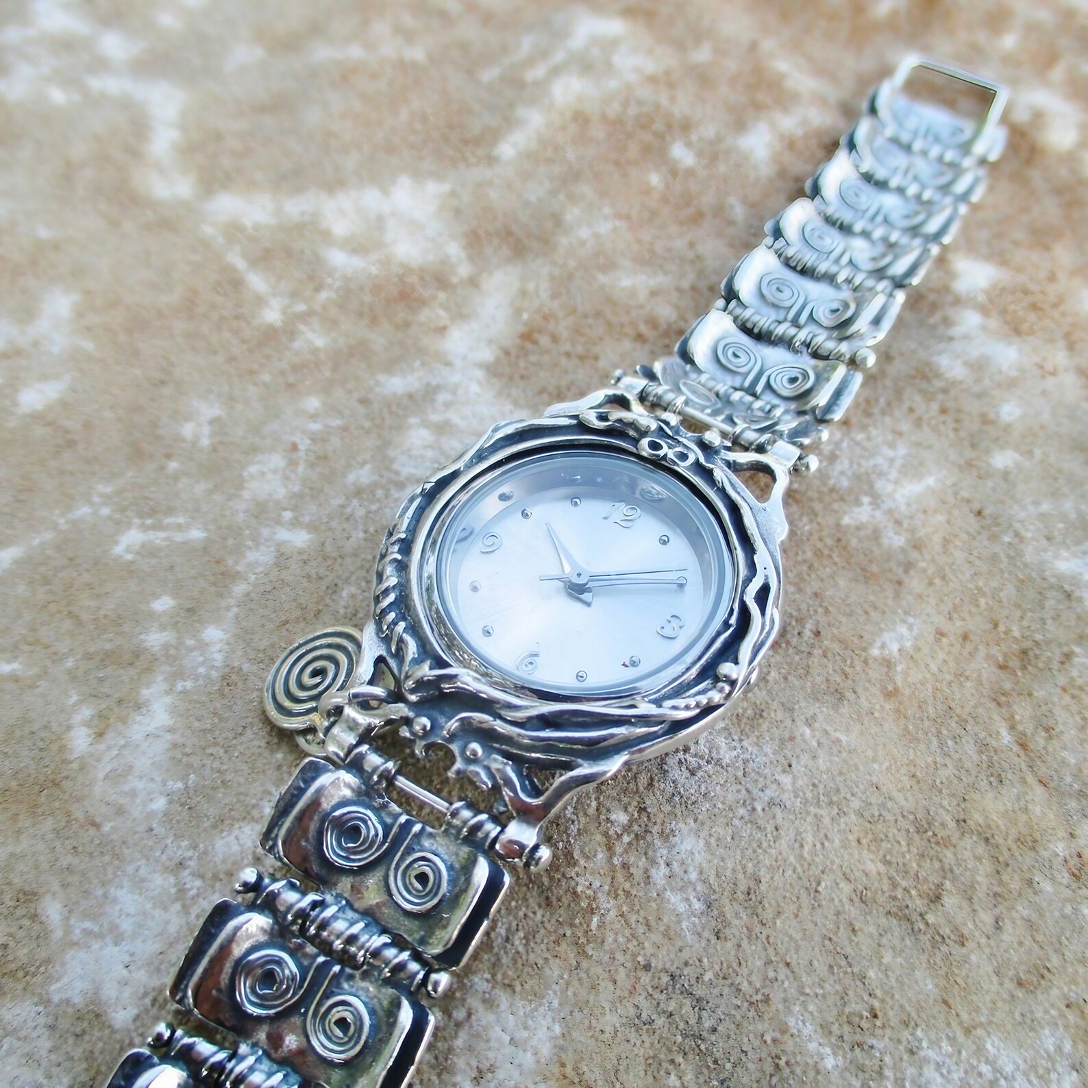 Oxidized Sterling Silver Watch Bracelet: Hammered Spiral Link ...