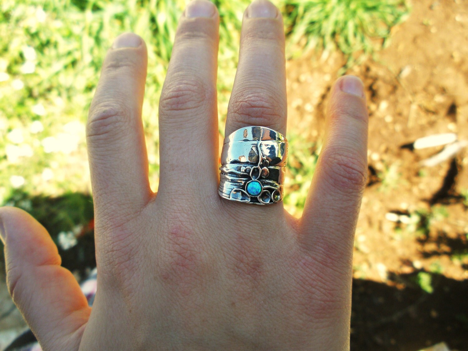 Wide Statement Silver Gemstone Ring for Women Artisan Large | Etsy