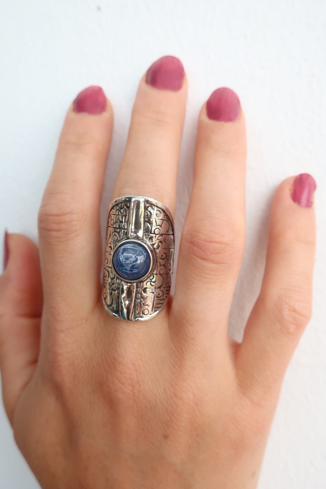 Full Finger Signet Ring , Sterling Silver Tribal Ring, Long Gemstone ...