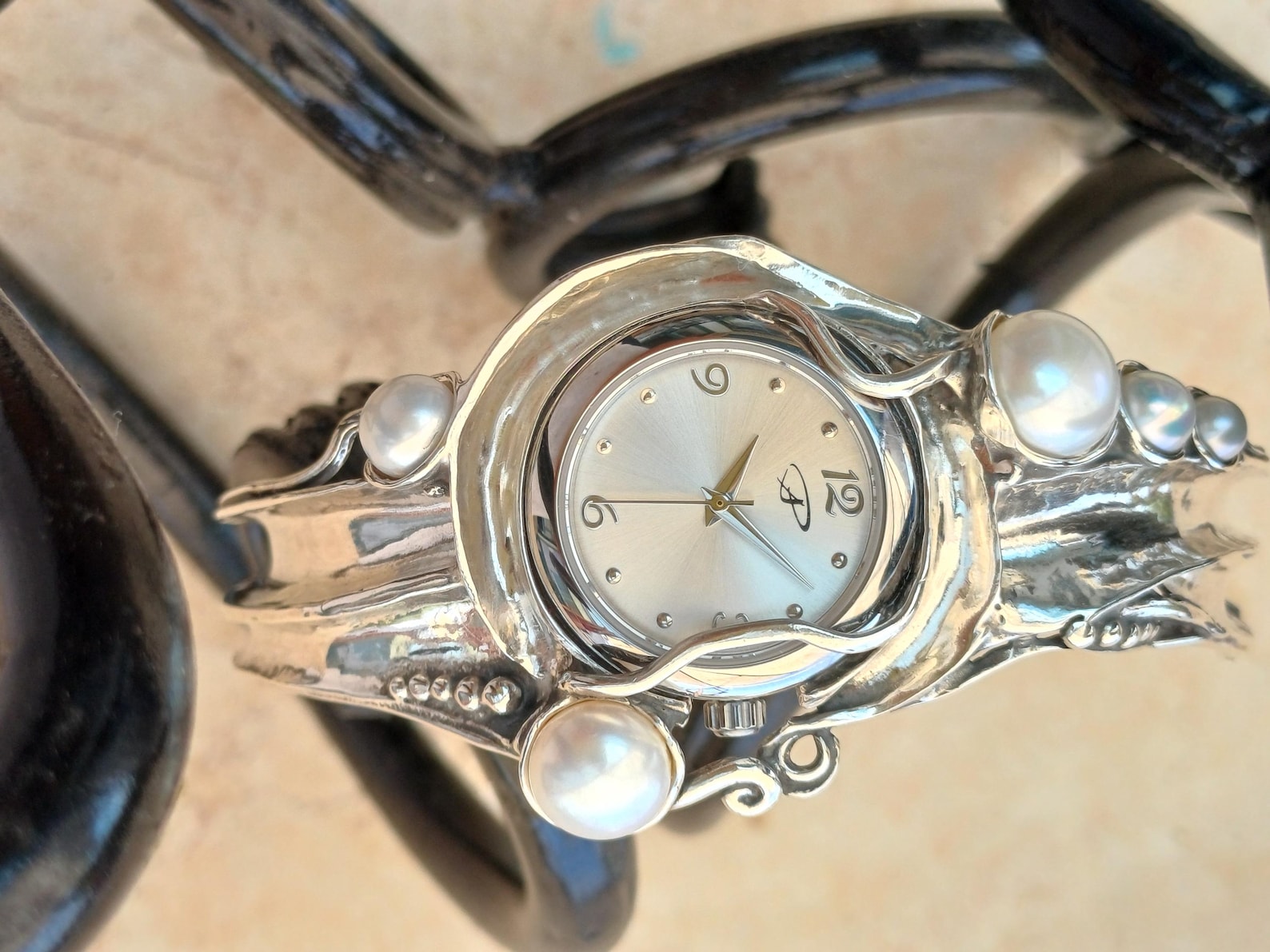 Sterling Silver Cuff Watch With White Pearls Artisan Handmade Women's ...