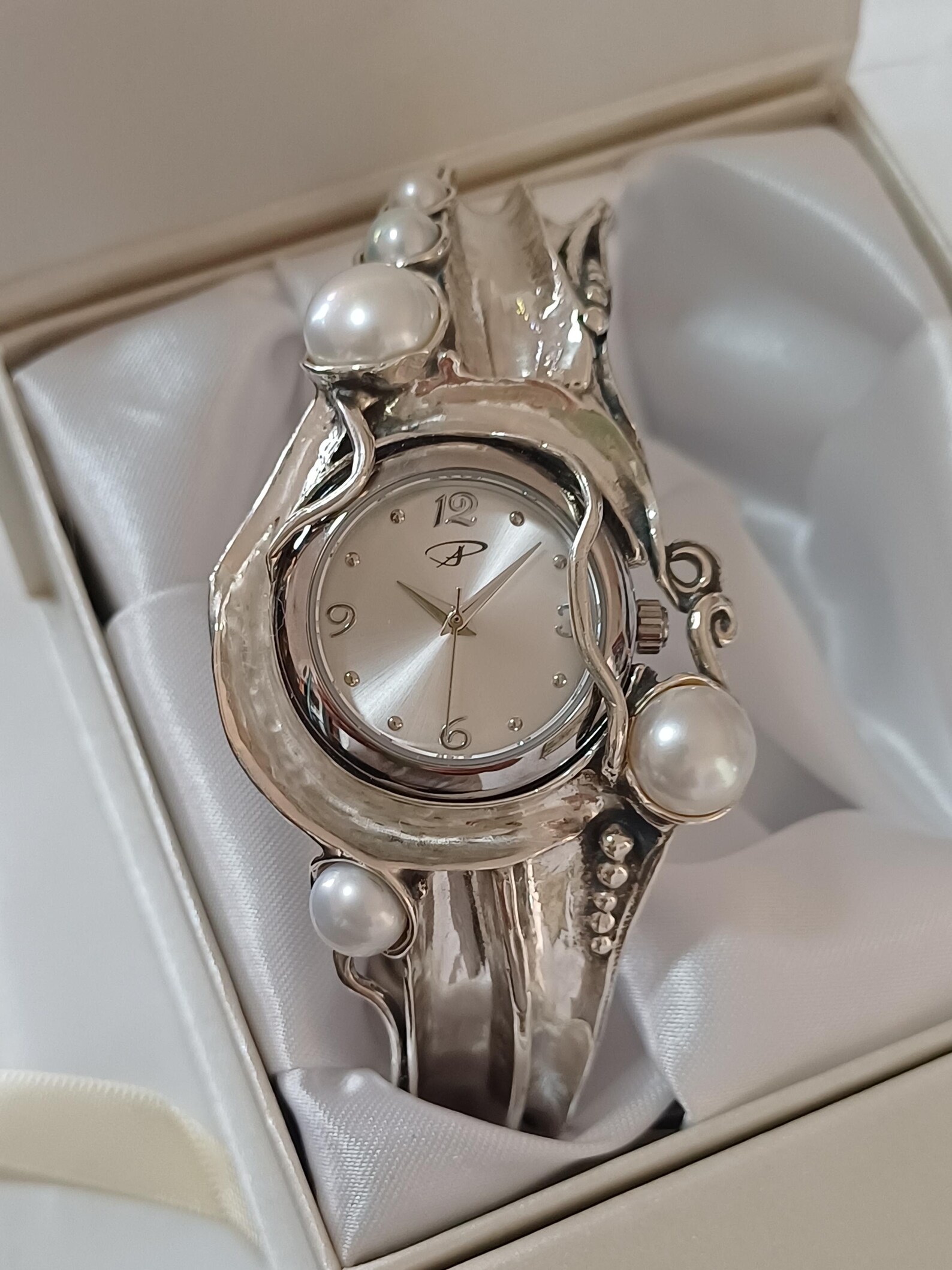 Sterling Silver Cuff Watch With White Pearls Artisan Handmade Women's ...