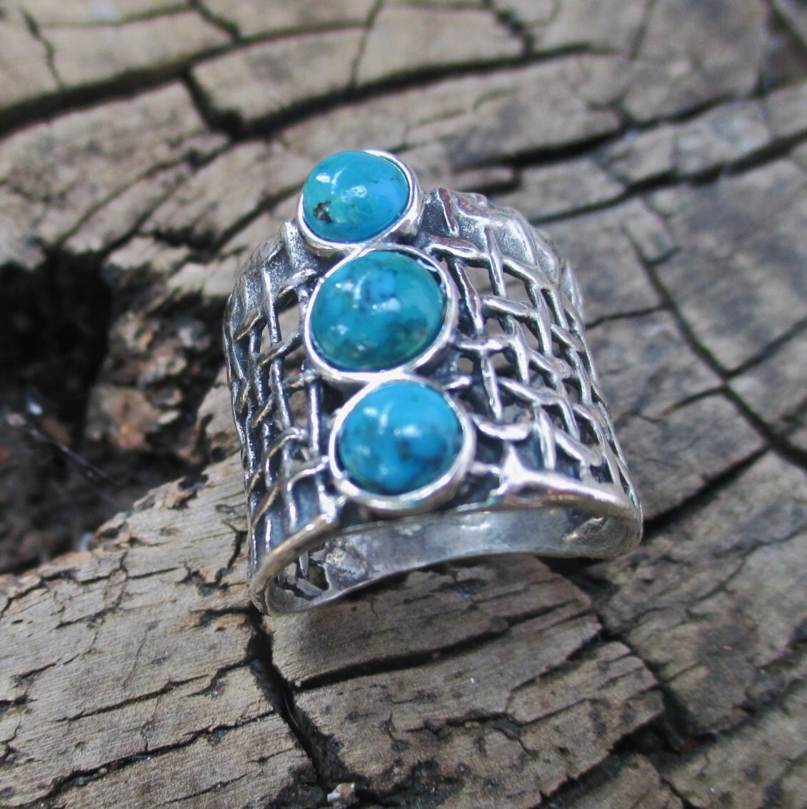 Silver Multi Stone Lattice Ring, Wide Turquoise Ring for Women, Design ...
