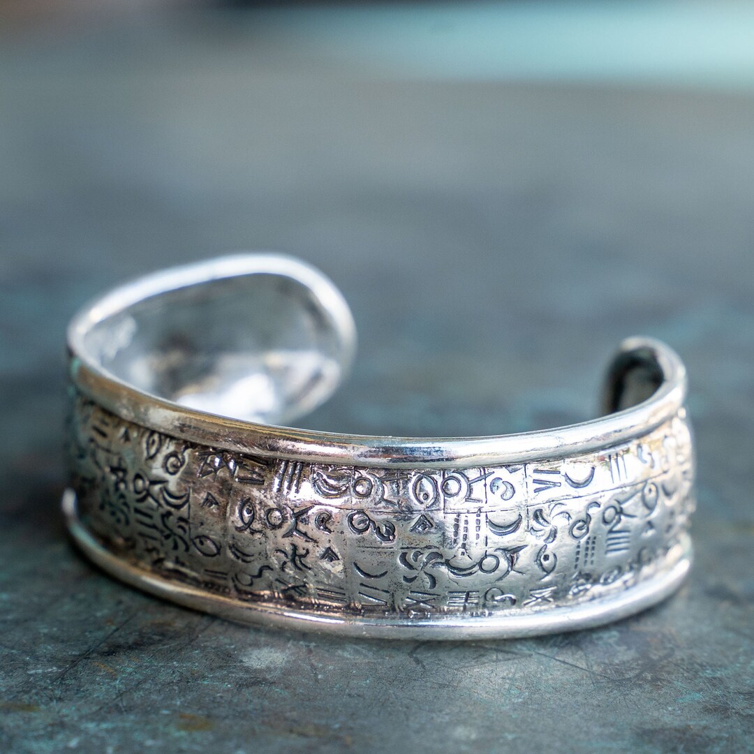 Sterling Silver Engraved Symbols Cuff Bracelet, Unisex Tribal Bracelet ...