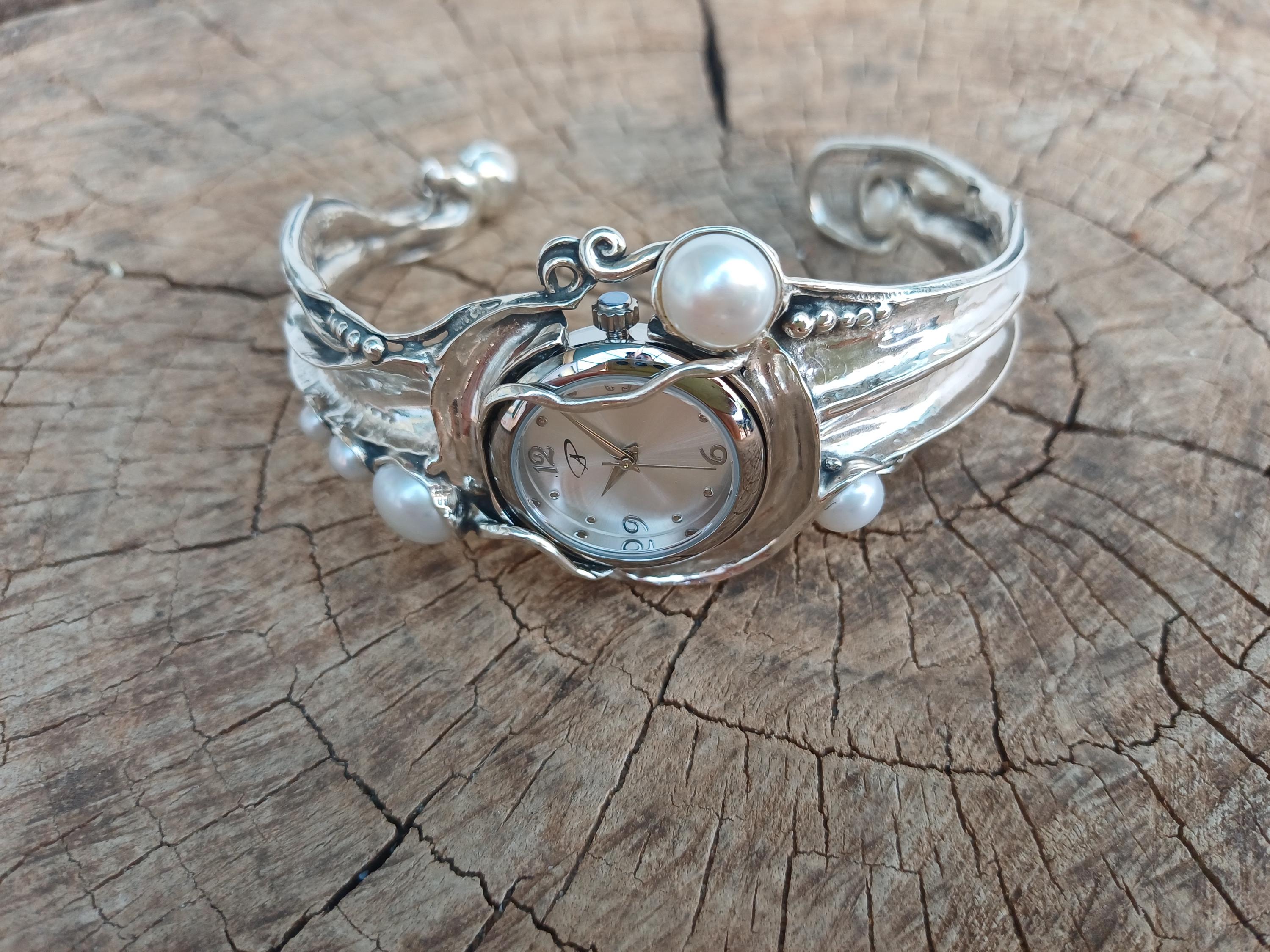 Sterling Silver Cuff Watch With White Pearls Artisan Handmade Women's ...