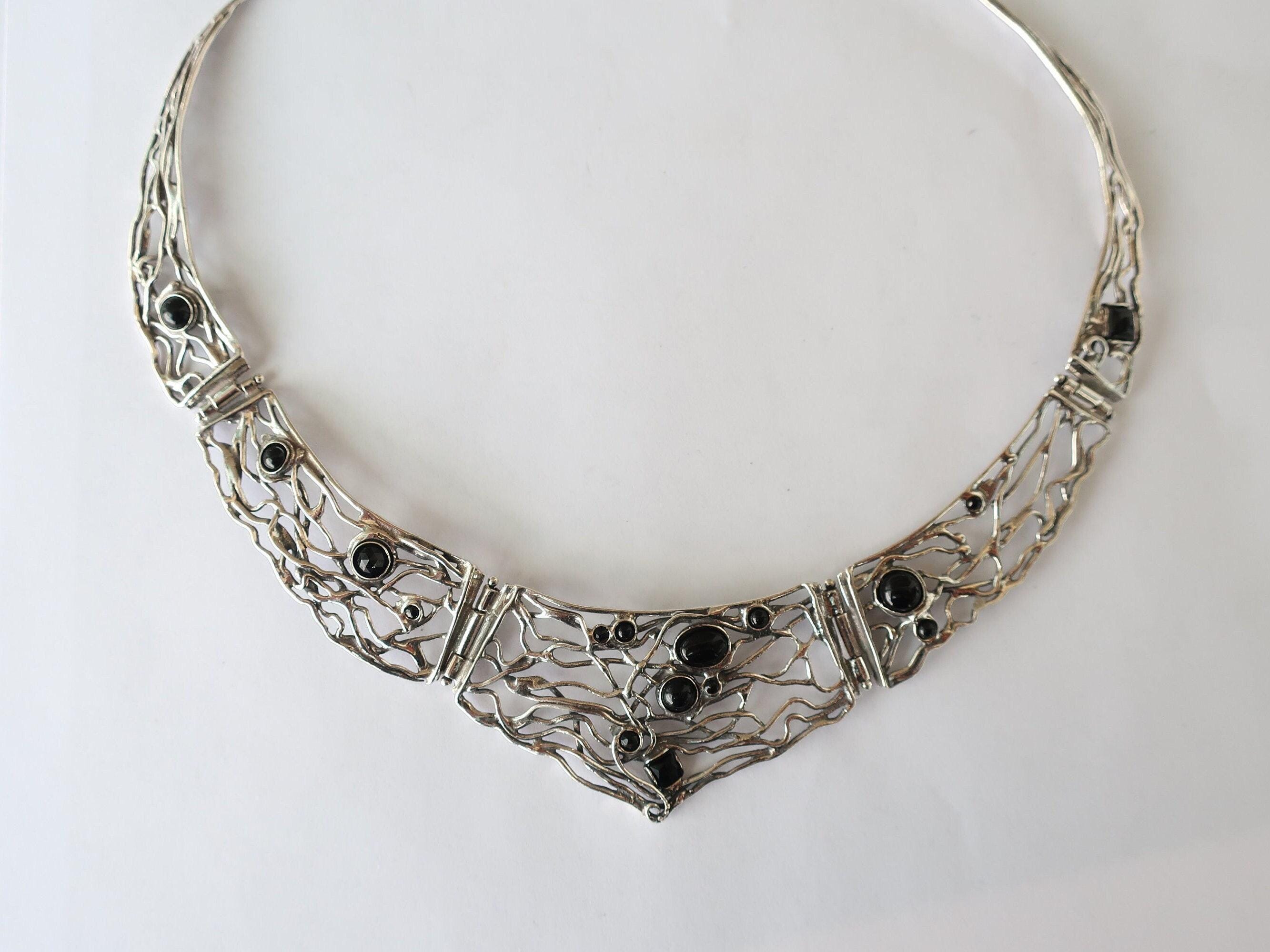 Silver MESH Gemstone Choker Necklace, Sterling Bib Necklace for Women ...