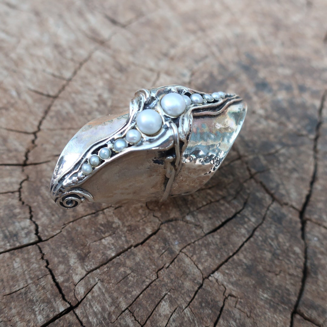 Silver and Pearl Handmade Chunky Stone Ring Unique Large Statement ...